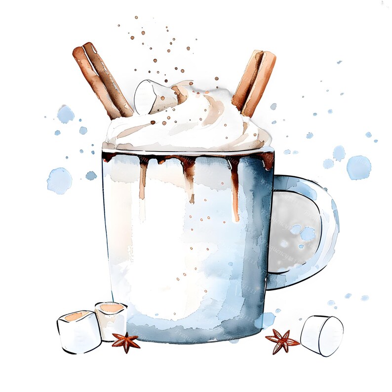 Hot Cocoa Mug Clipart Set, 24 Pngs, Watercolor Marshmallow & Cinnamon ...