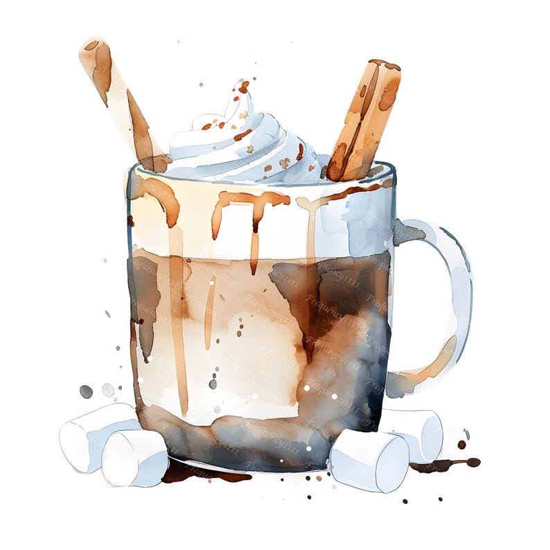 Hot Cocoa Mug Clipart Set, 24 Pngs, Watercolor Marshmallow & Cinnamon ...