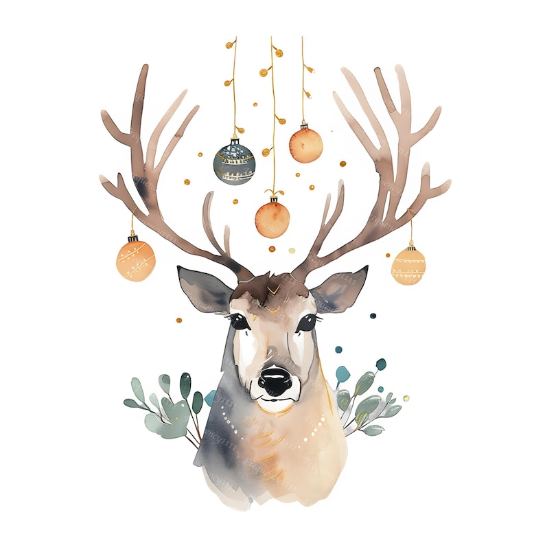 Watercolor Deer Christmas Clipart, 24 PNG Set, Rustic Reindeer ...