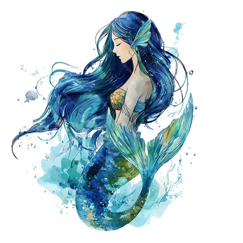Watercolor Mermaid Clipart Bundle, 11 PNG Fantasy Ocean Art, Digital ...