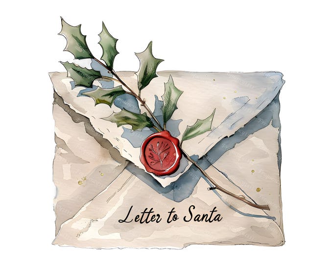 Vintage Santa Letter Clipart: Watercolor Christmas Stationery (PNG ...