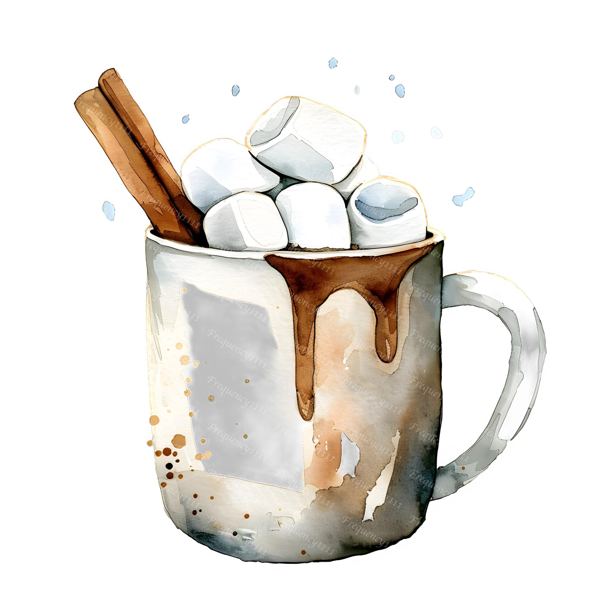 Hot Cocoa Mug Clipart Set, 24 Pngs, Watercolor Marshmallow & Cinnamon ...