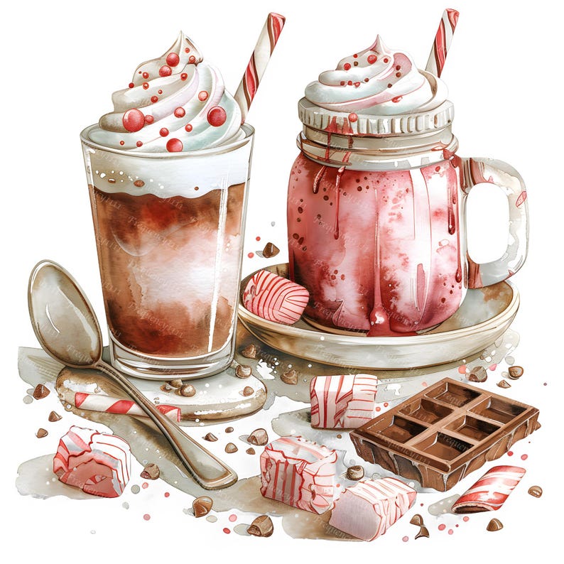 Watercolor Hot Chocolate & Peppermint Drinks Clipart, 16 PNG Images ...