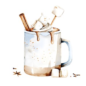 Hot Cocoa Mug Clipart Set, 24 Pngs, Watercolor Marshmallow & Cinnamon ...