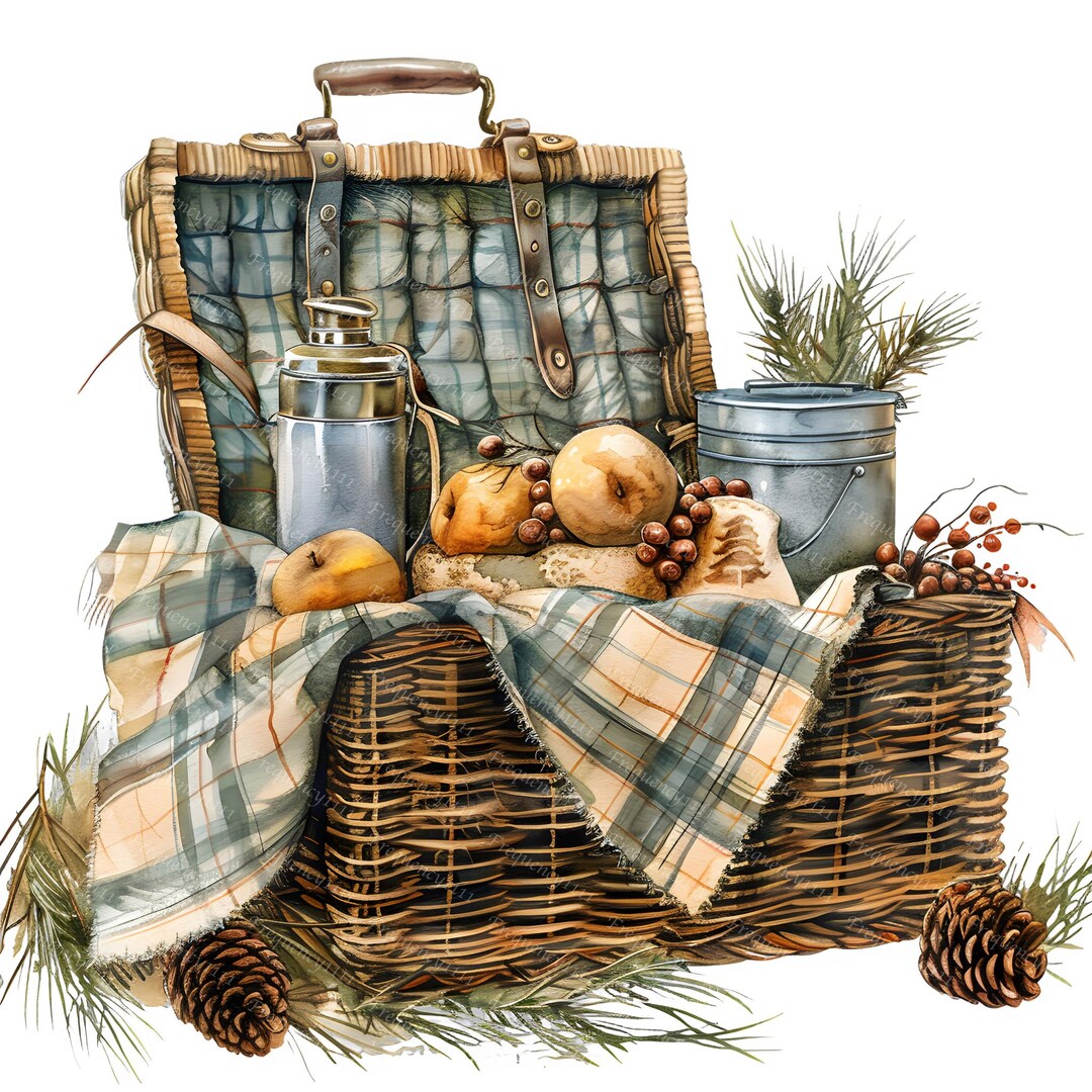 Watercolor Picnic Basket Clipart Set, 16 PNG Rustic Winter Picnic ...
