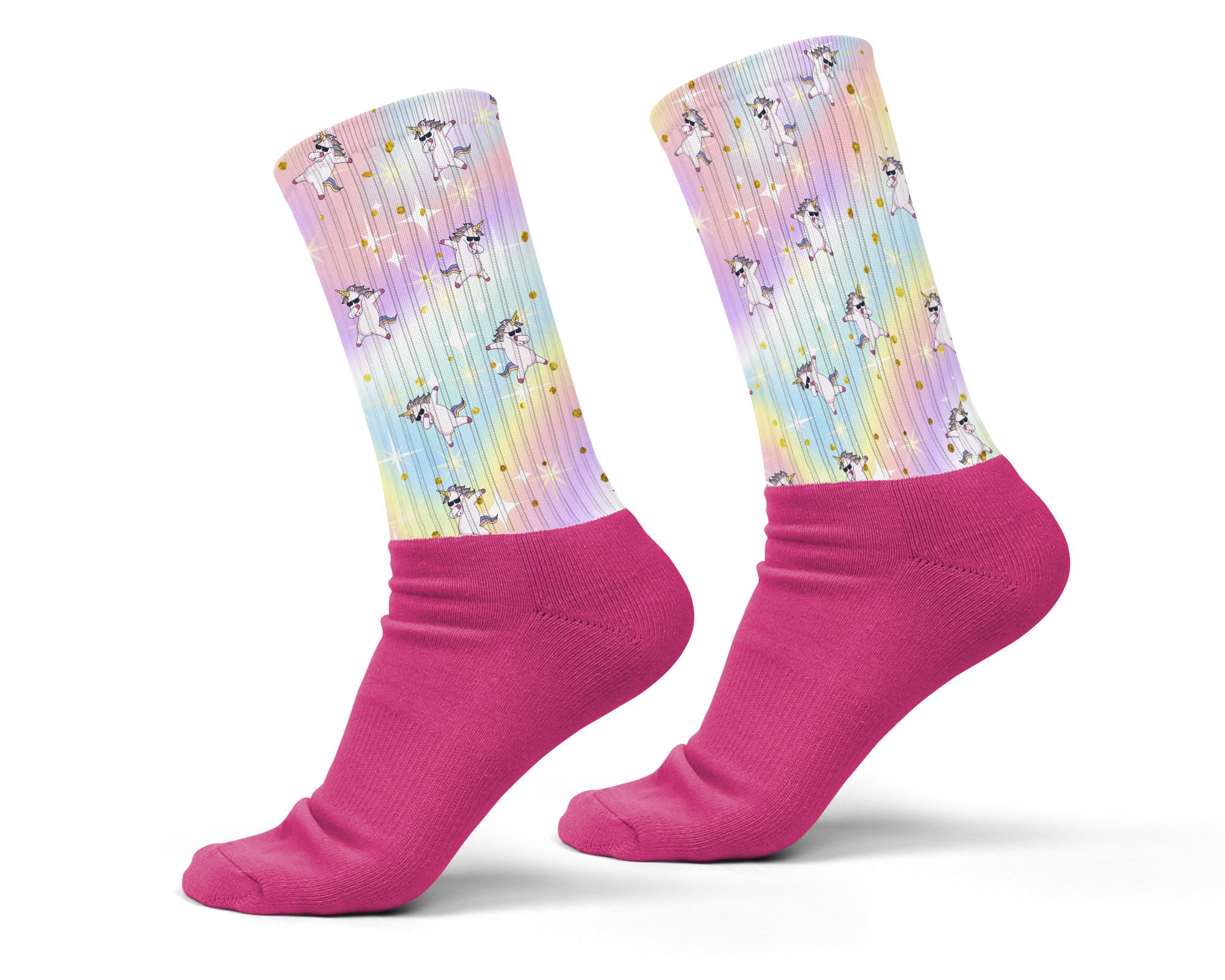 Unicorn Design Socks, Unicorns on a Rainbow Background, Crew Length ...