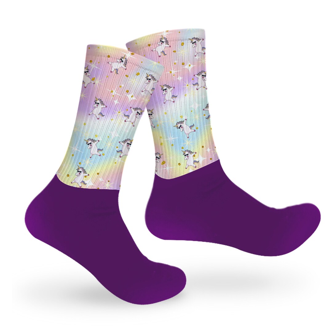 Unicorn Design Socks, Unicorns on a Rainbow Background, Crew Length ...