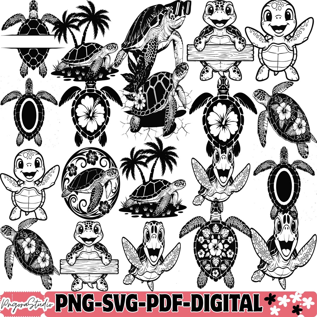 Sea Turtle SVG Bundle, Sea Turtle Clipart, Floral Sea Turtle SVG, Sea ...
