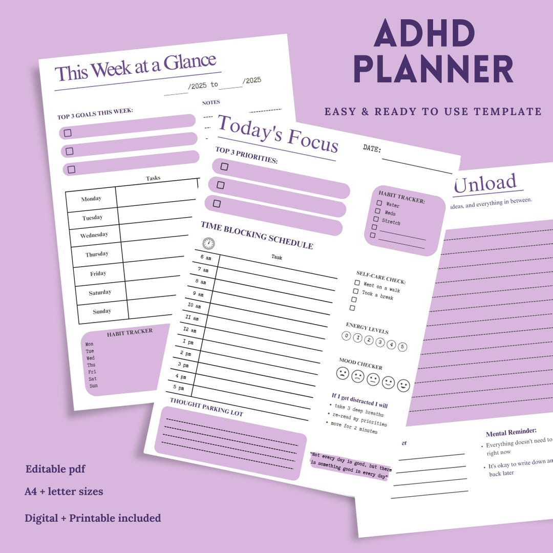 ADHD Planner | Daily & Weekly Printable + Editable Digital PDF ...