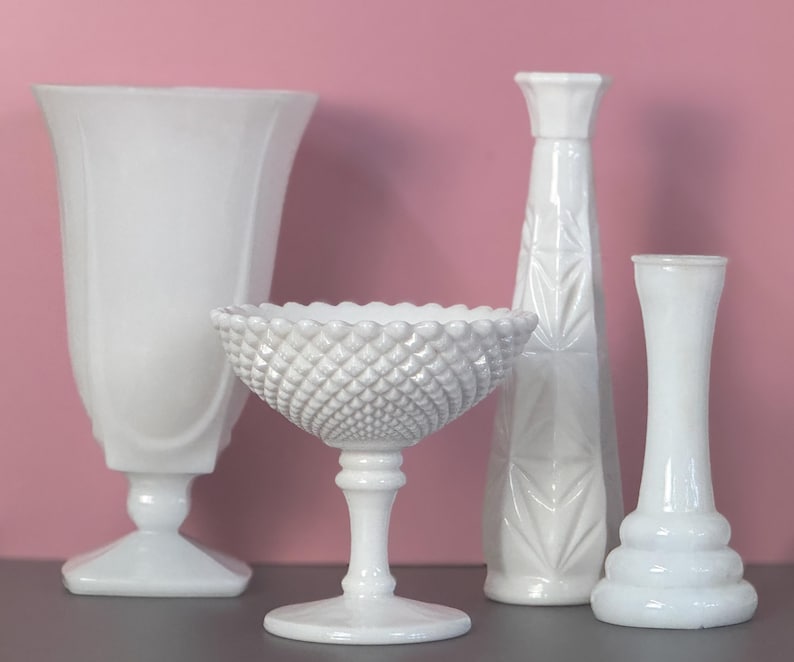 Vintage Milk Glass Decor Set- Glass Vases & Compote (4 Pieces) - Etsy