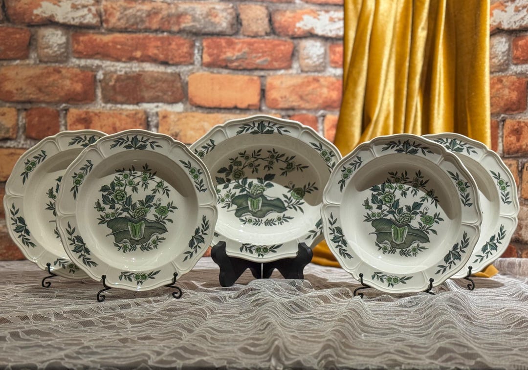 Wedgwood Green Leaf Salad Plates & Vegetable Bowl | Vintage English ...