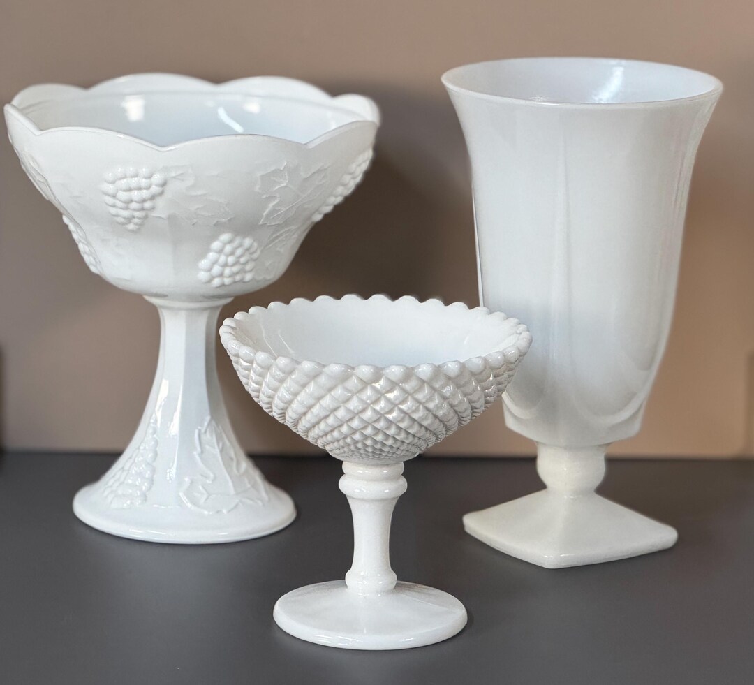 Vintage Milk Glass Pedestal Compote & Vase Set- Set of 3 - Etsy