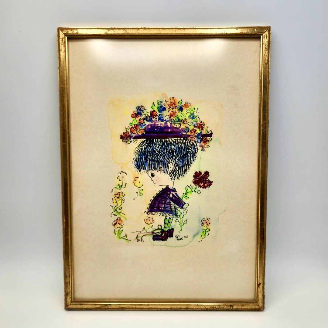 Vintage Original Sue Rusk 1967 Watercolor Painting - Child With Floral ...