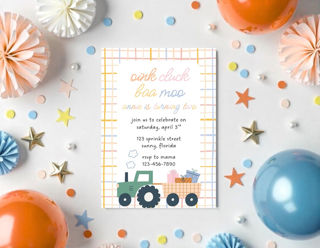 Farm Animals Oink Cluck Baa Moo Second Birthday Invitation, Editable ...