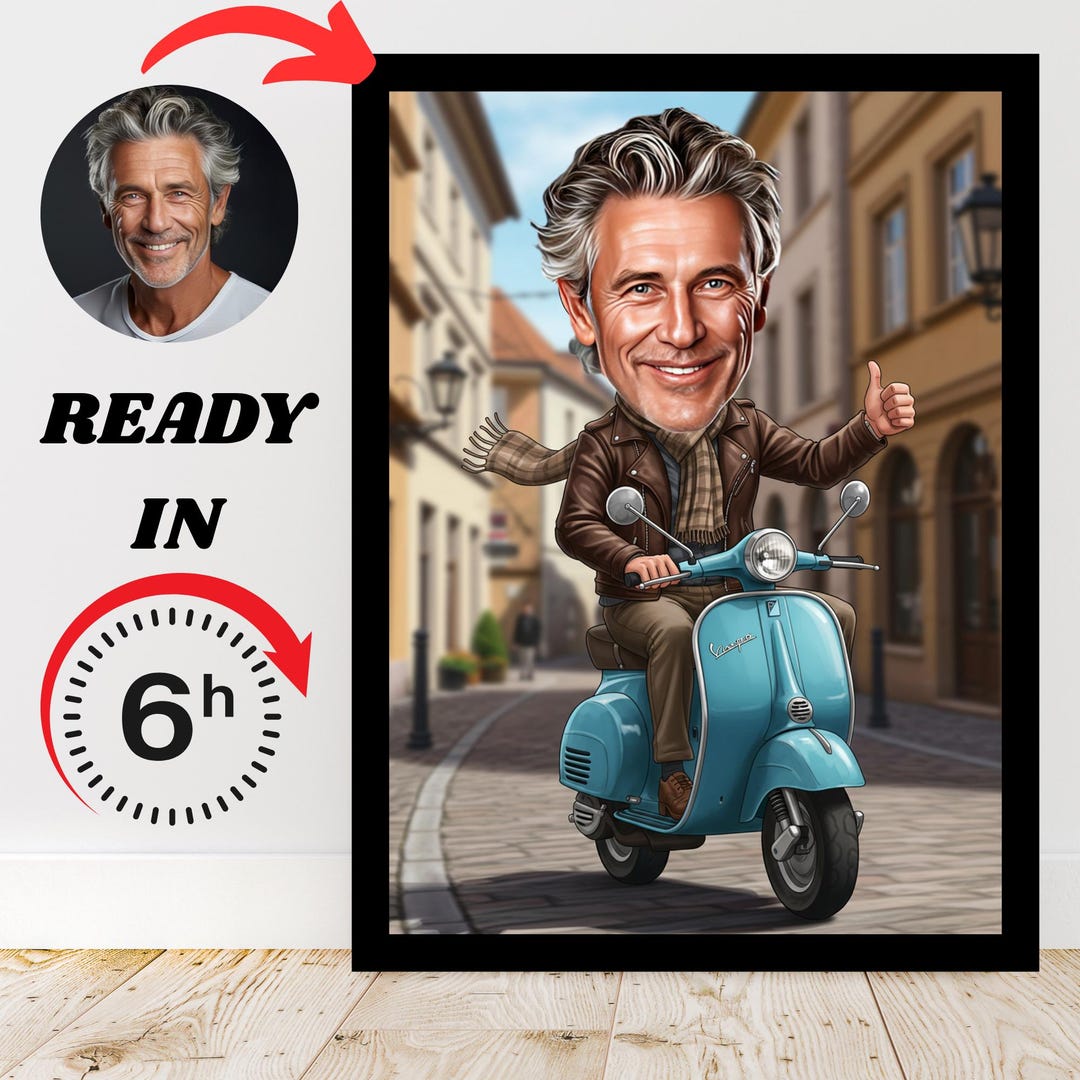 Custom Scooter Caricature for Man – Personalized Vespa Portrait With ...