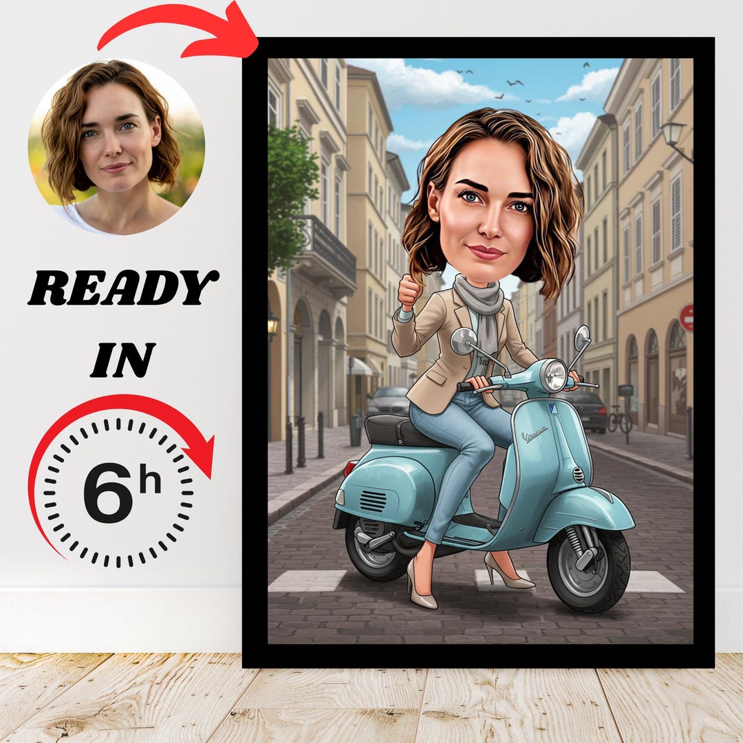 Custom Vespa Caricature for Woman | Personalized Scooter Portrait With ...