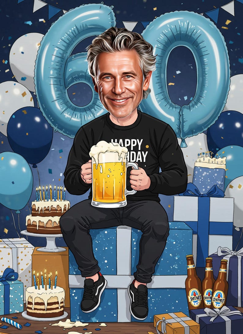 Custom 60th Birthday Caricature: Personalized Cartoon Portrait (digital ...