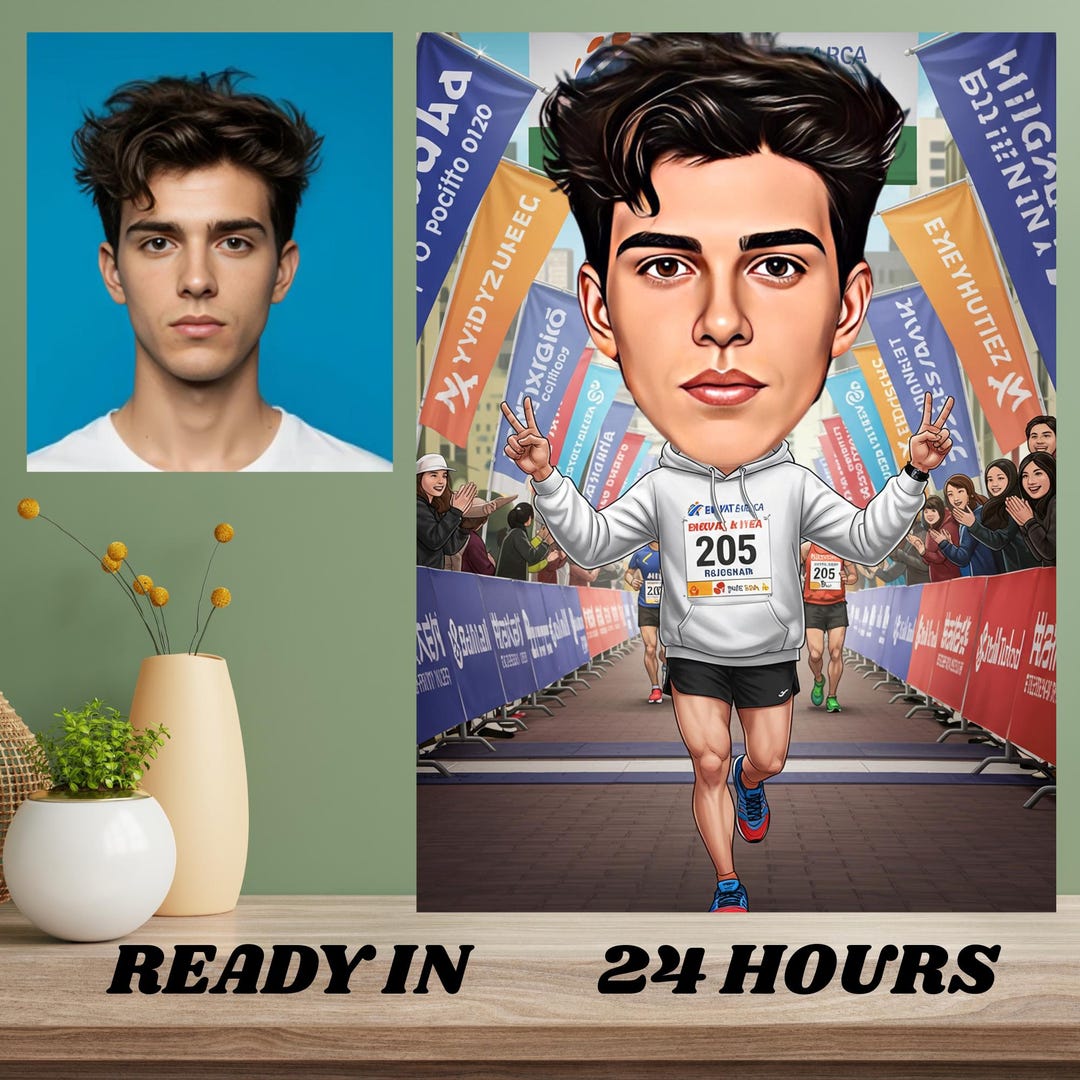 Personalized Marathon Runner Caricature: Funny Big-head Portrait ...