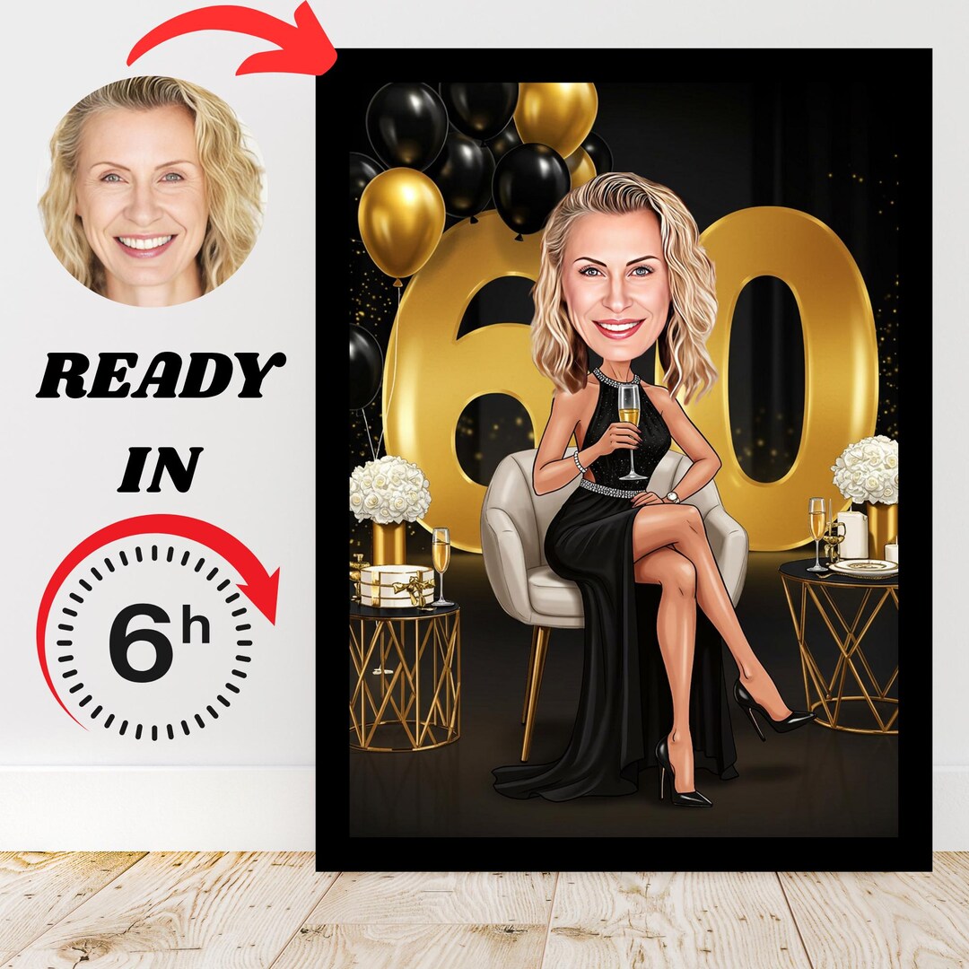 Custom 60th Birthday Caricature: Personalized Cartoon Portrait Gift - Etsy
