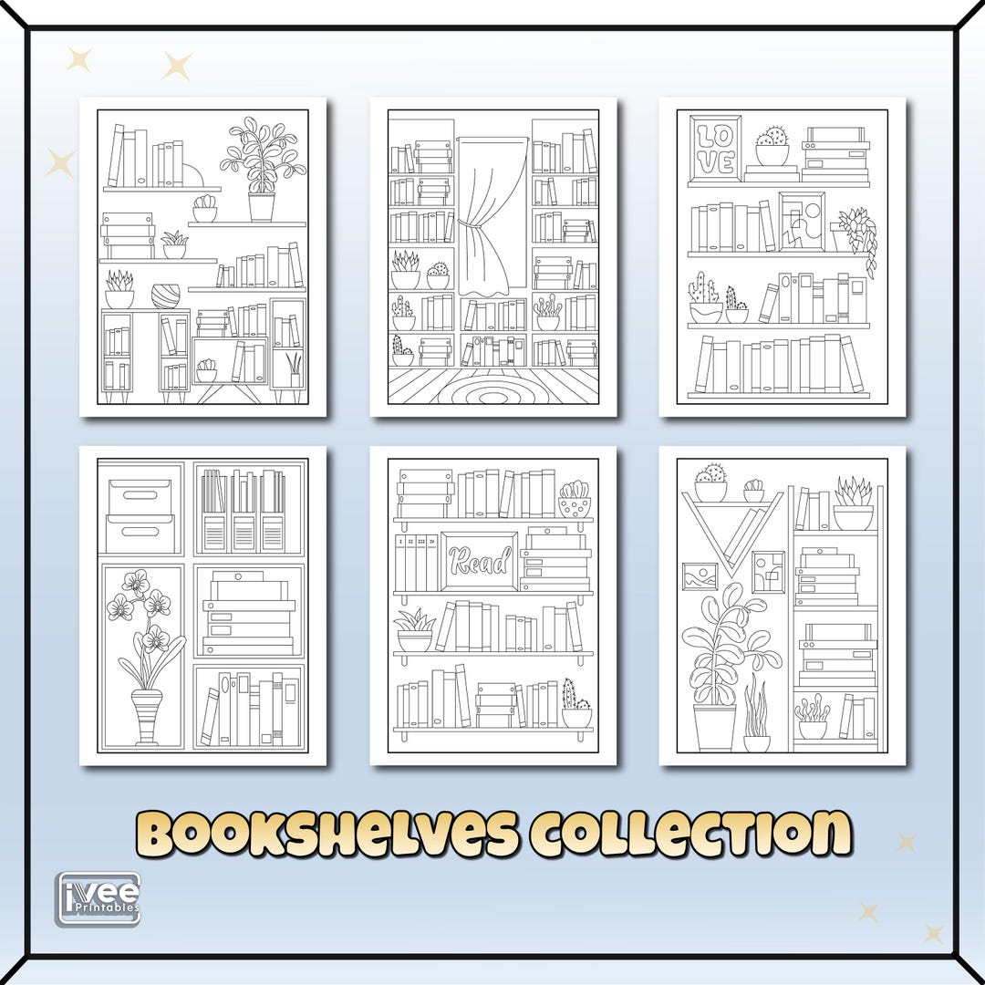 Bookshelves Coloring Pages | 30 Interior Design Art Prints (PDF) - Etsy