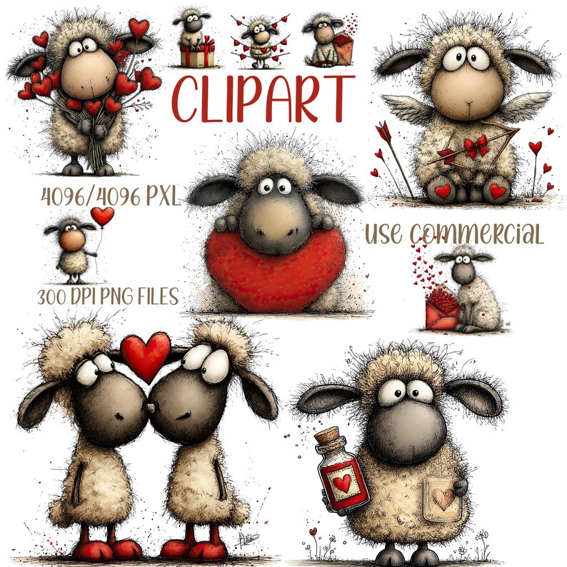 Valentine Sheep Clipart Bundle, Romantic Animal PNG (digital Download ...