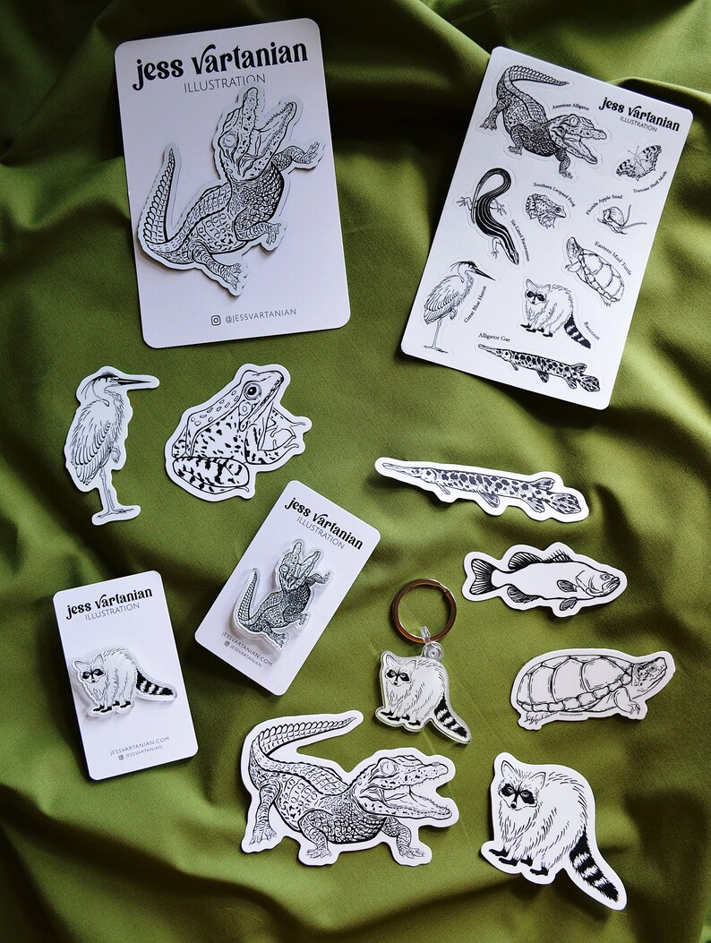 Large Mouth Bass & Alligator Gar Stickers. Hand Drawn. Ink Illustration ...