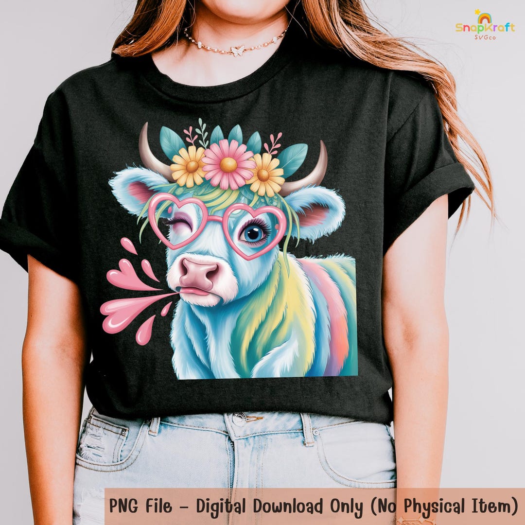 Pastel Highland Cow PNG – Cute Winking Cow With Heart Glasses, Floral ...
