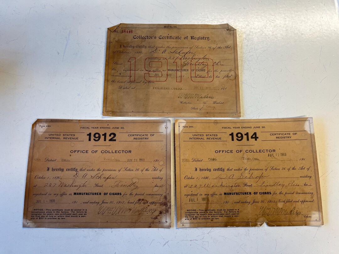 Antique 1910-1914 Collector’s Certificate of Registry for Cigar Making ...