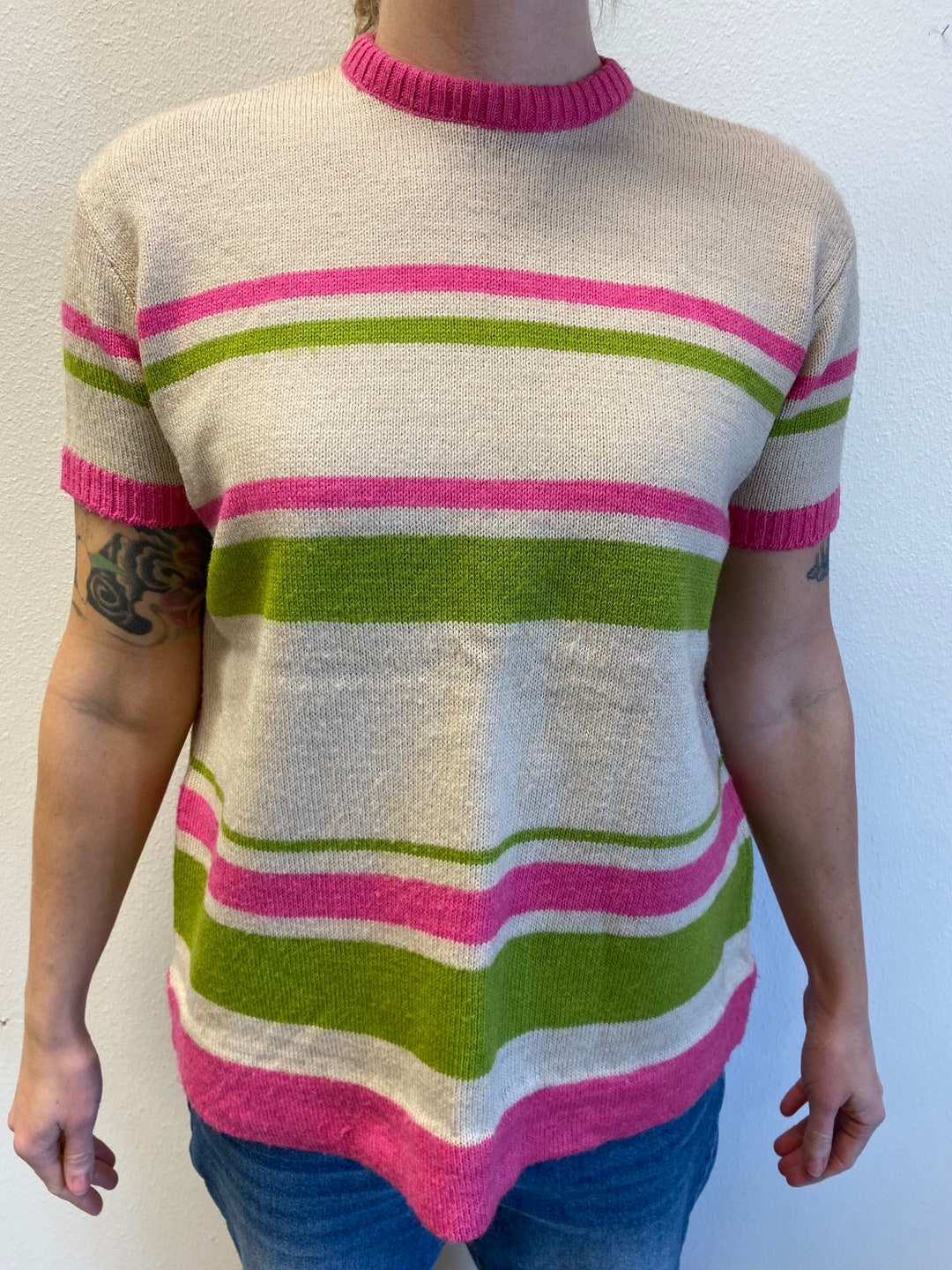 Vintage Deyon Brand 100% Acrylic Women's Short Sleeved Striped Sweater ...