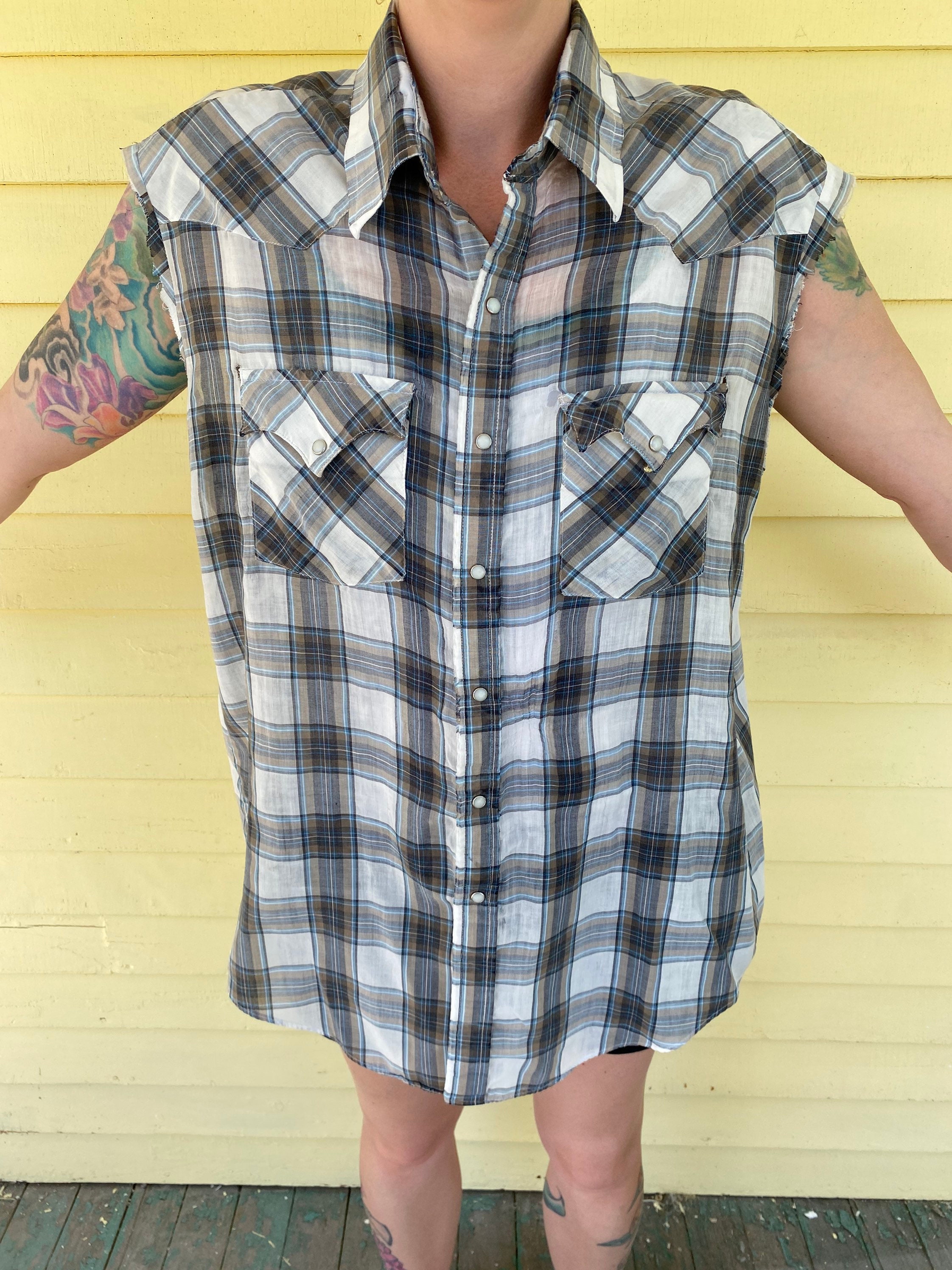 Vintage Pearl Snap No Sleeve Men's Button up Shirt Size XL Hillbilly - Etsy