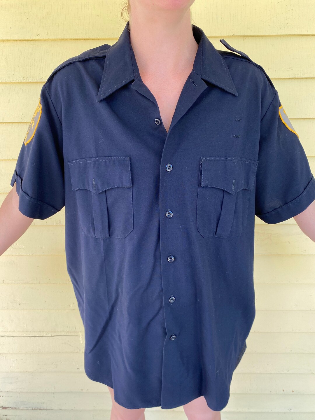 Vintage Blue Police Short Sleeve Men's Button up With Patches Shirt ...