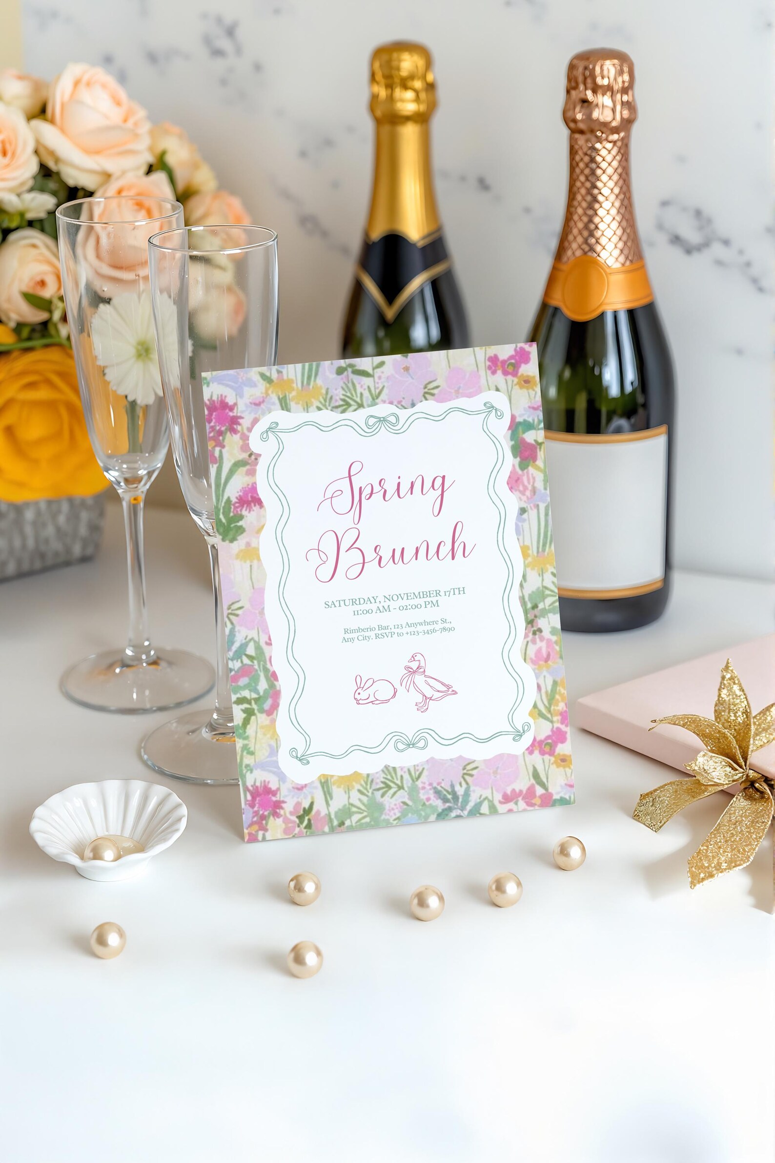 Editable Spring Brunch Invitation Template With Hand-drawn Animals ...