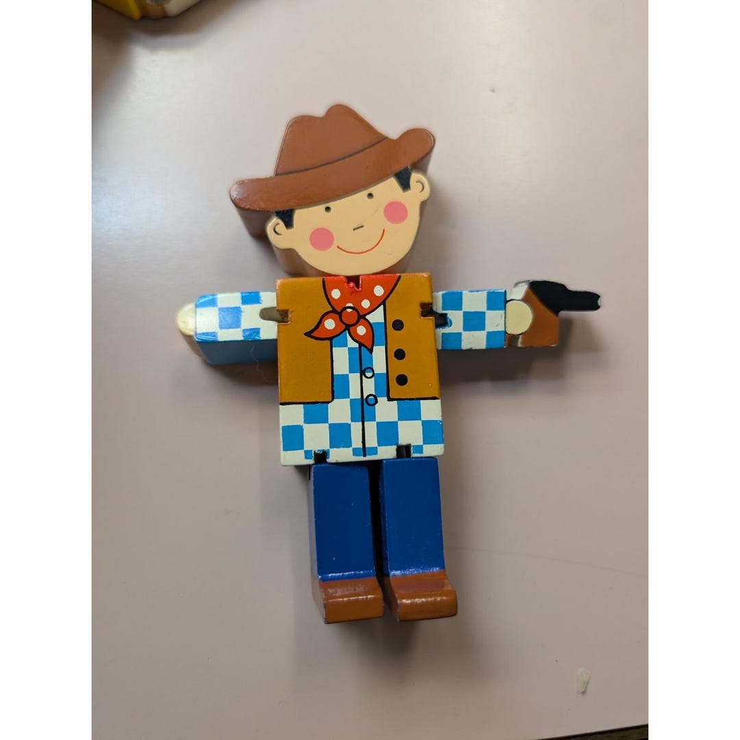 Hand Painted Wooden Wood CUBEBOT Articulated Toy Cowboys and Indians ...