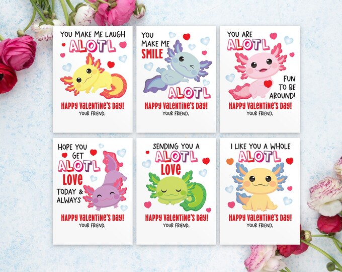 Axolotl Valentine Cards, 6 Different Cards, Amphibian Themed School ...
