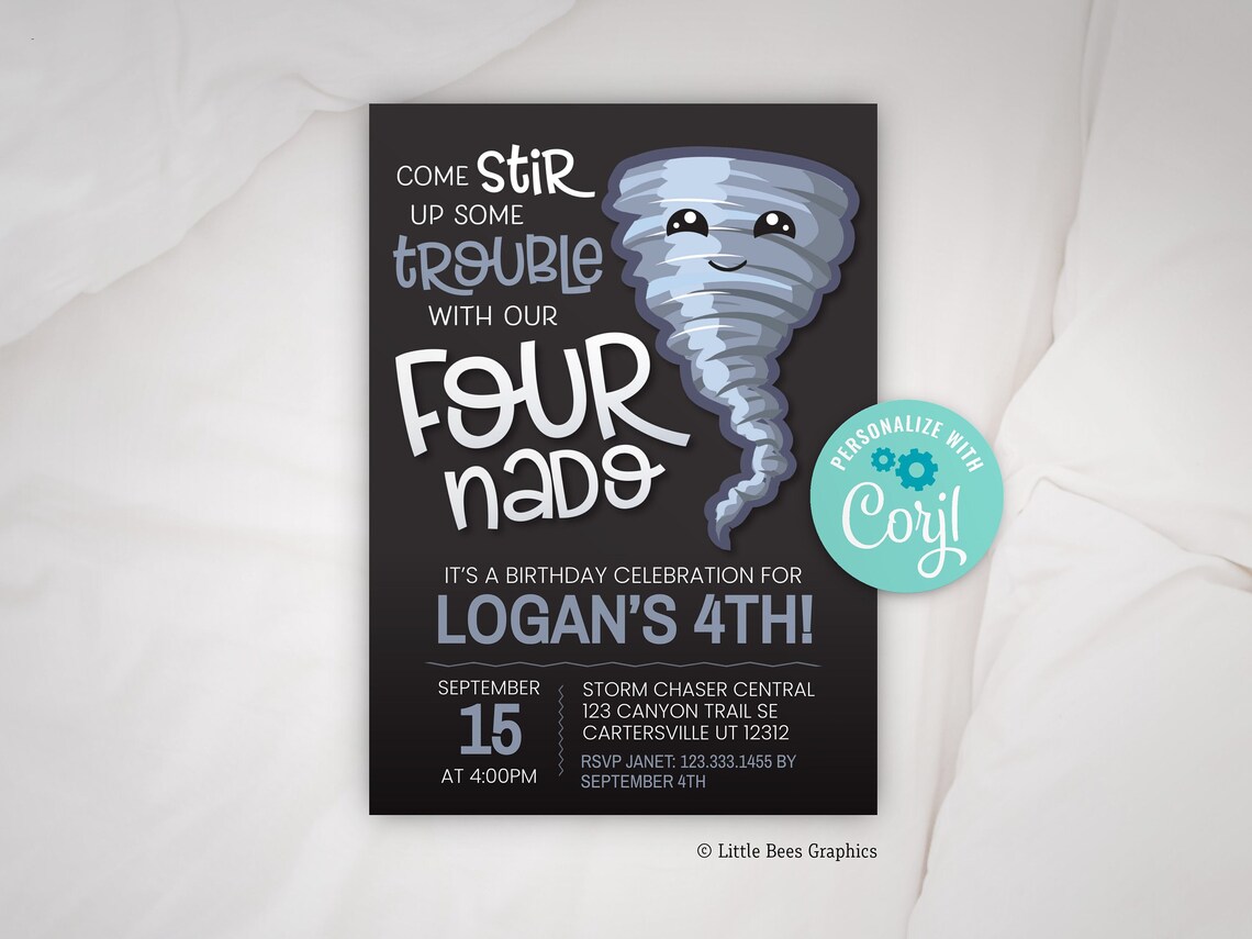 Editable Fournado Invitation, Fourth Birthday Invitation, Tornado ...