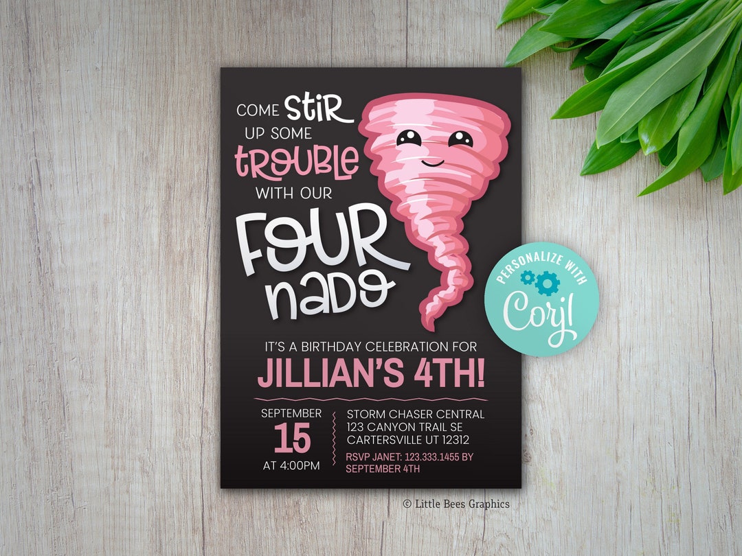 Editable Fournado Invitation Pink, Fourth Birthday Invitation, Tornado ...