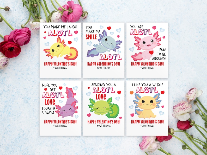 Axolotl Valentine Cards, 6 Different Cards, Amphibian Themed School ...