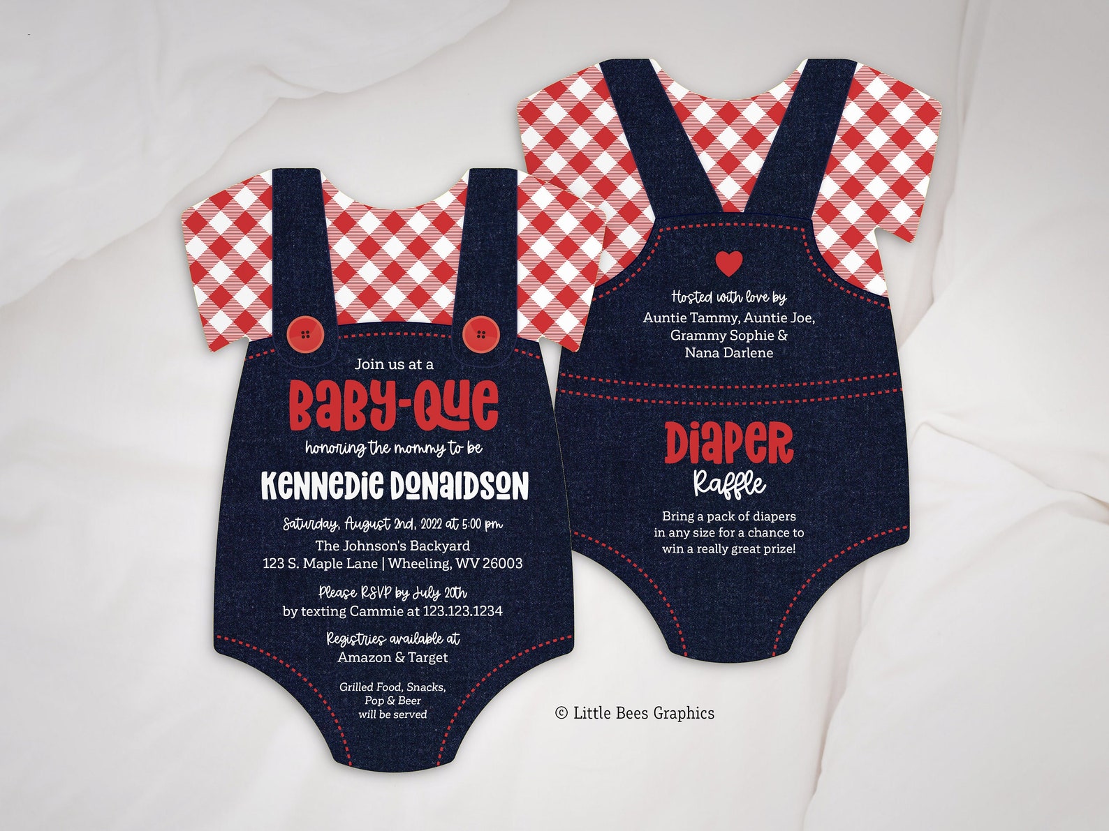 Baby-que Invitation, Denim Overalls Baby Shower, Printed Invitation Set ...