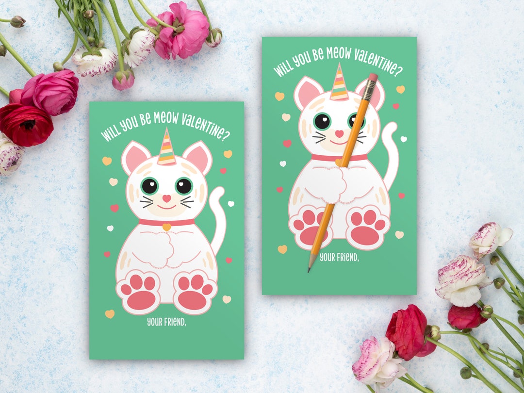 Cat Unicorn Valentine Card, Pencil Lollipop Hugger Card, Classroom ...