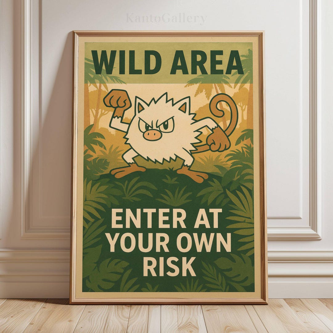 Mankey Poster, Pokemon Wall Art, Wild Area Warning, Retro Sign, Kanto ...