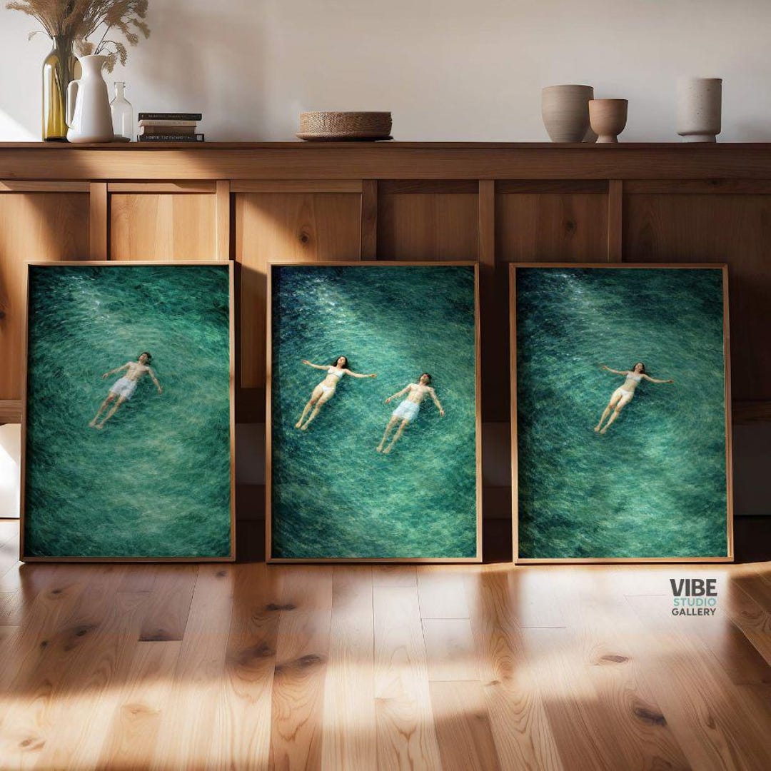 Set of 3 Floating Figures Ocean Poster: Green Abstract Minimalist ...