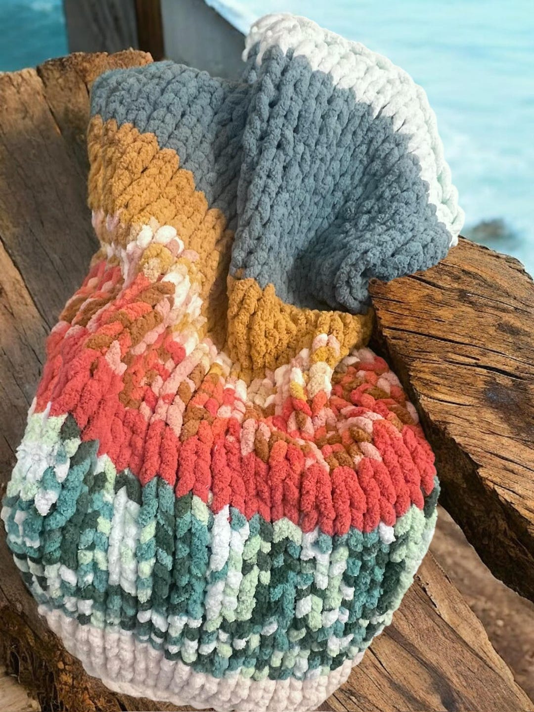 Custom Sunset Inspired Hand Knit Blanket Personalized Sunset Chunky ...