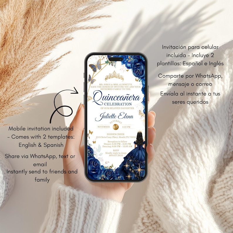 Navy Blue and Gold Quinceañera Invitation – Editable Sweet 15 Template ...