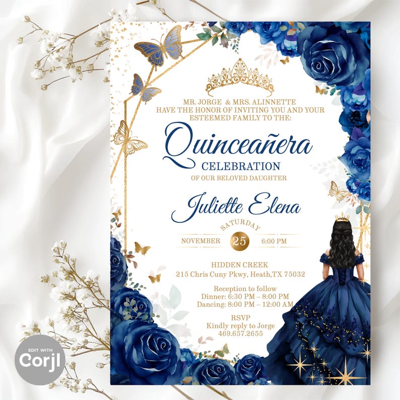 Navy Blue and Gold Quinceañera Invitation – Editable Sweet 15 Template ...