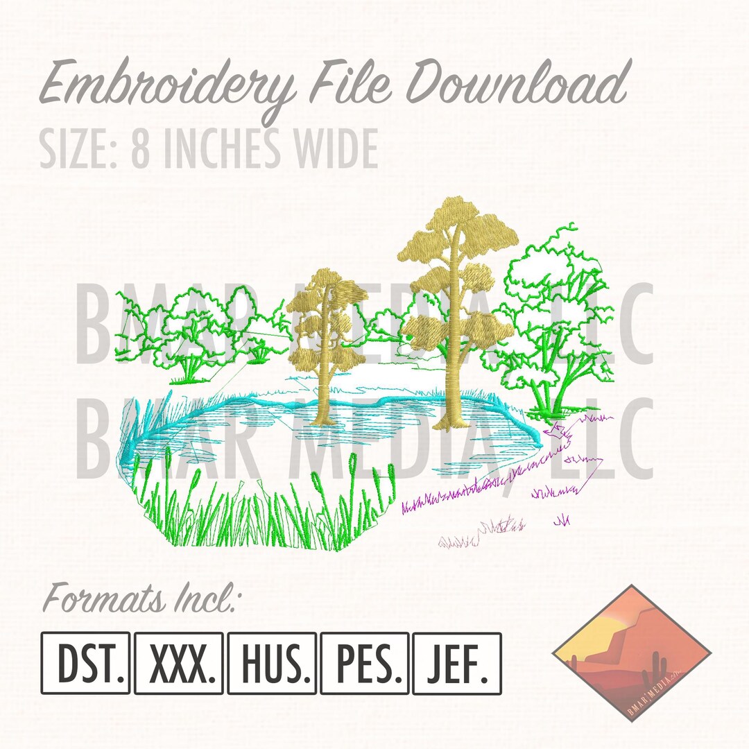 Swamp Creek Wildlife Water Tree Scene Graphic Embroidery File Download ...