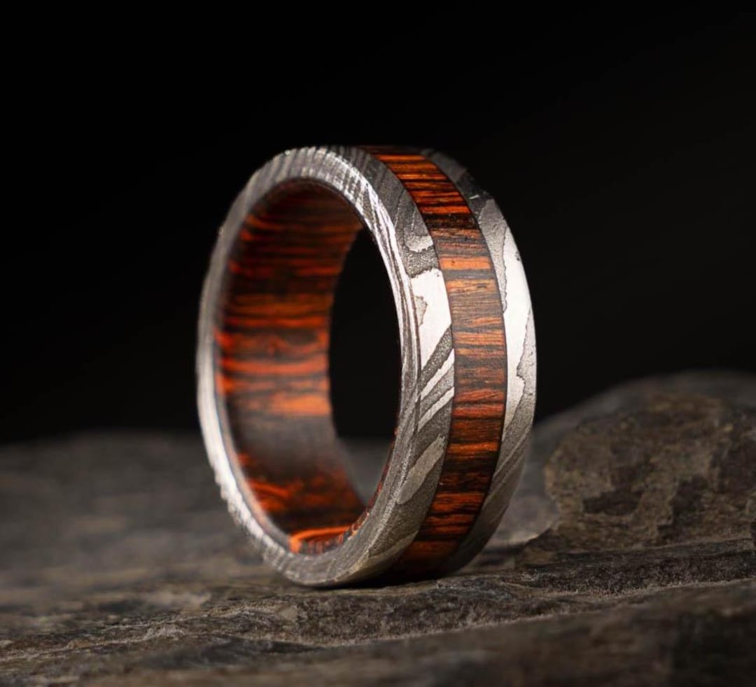 Damascus Steel Wood Inlay Ring, Handmade Rustic Wedding Rings ...