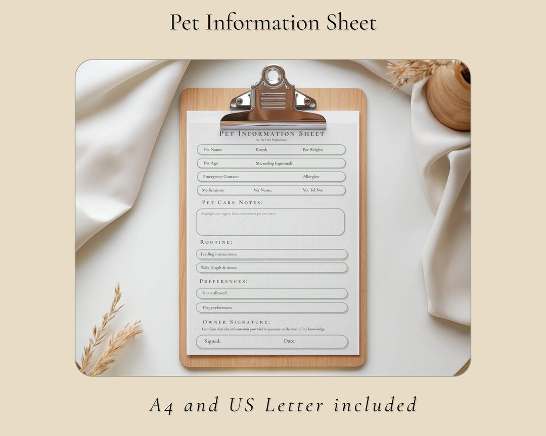 Printable Pet Information Sheet | Pet Care Form | Dog Walker Client ...