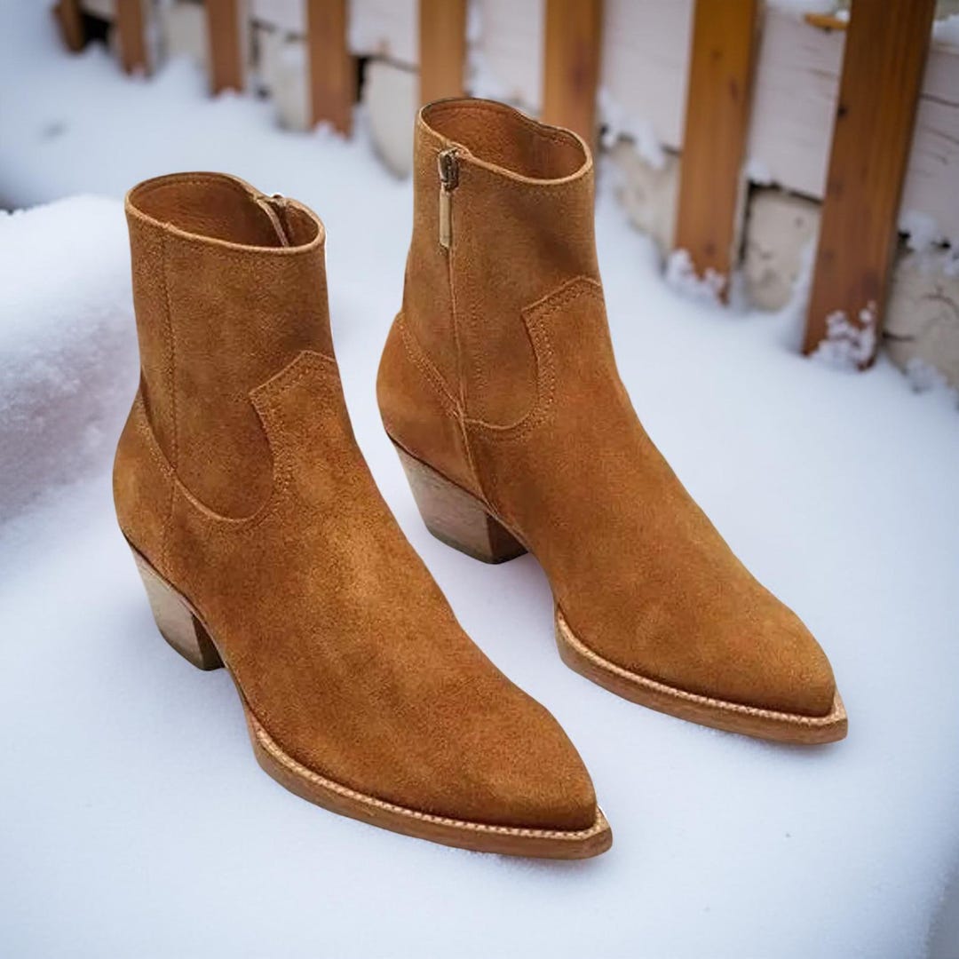 Handmade Suede Cuban Heel Boots: Men's Pointed Toe Western Dress Boots ...