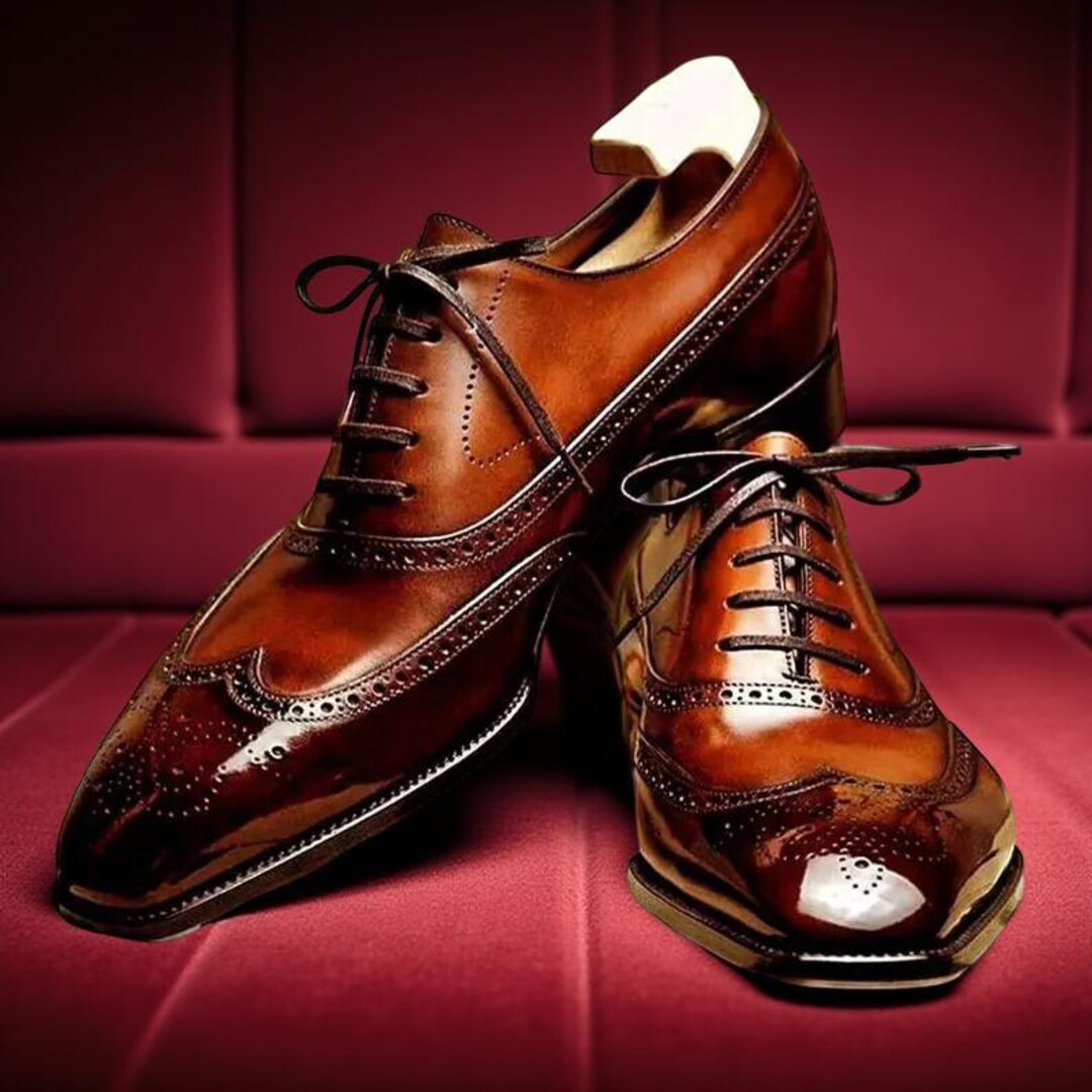 Handmade Genuine Brown Patent Leather Wingtip Brogue Oxford Gentleman ...