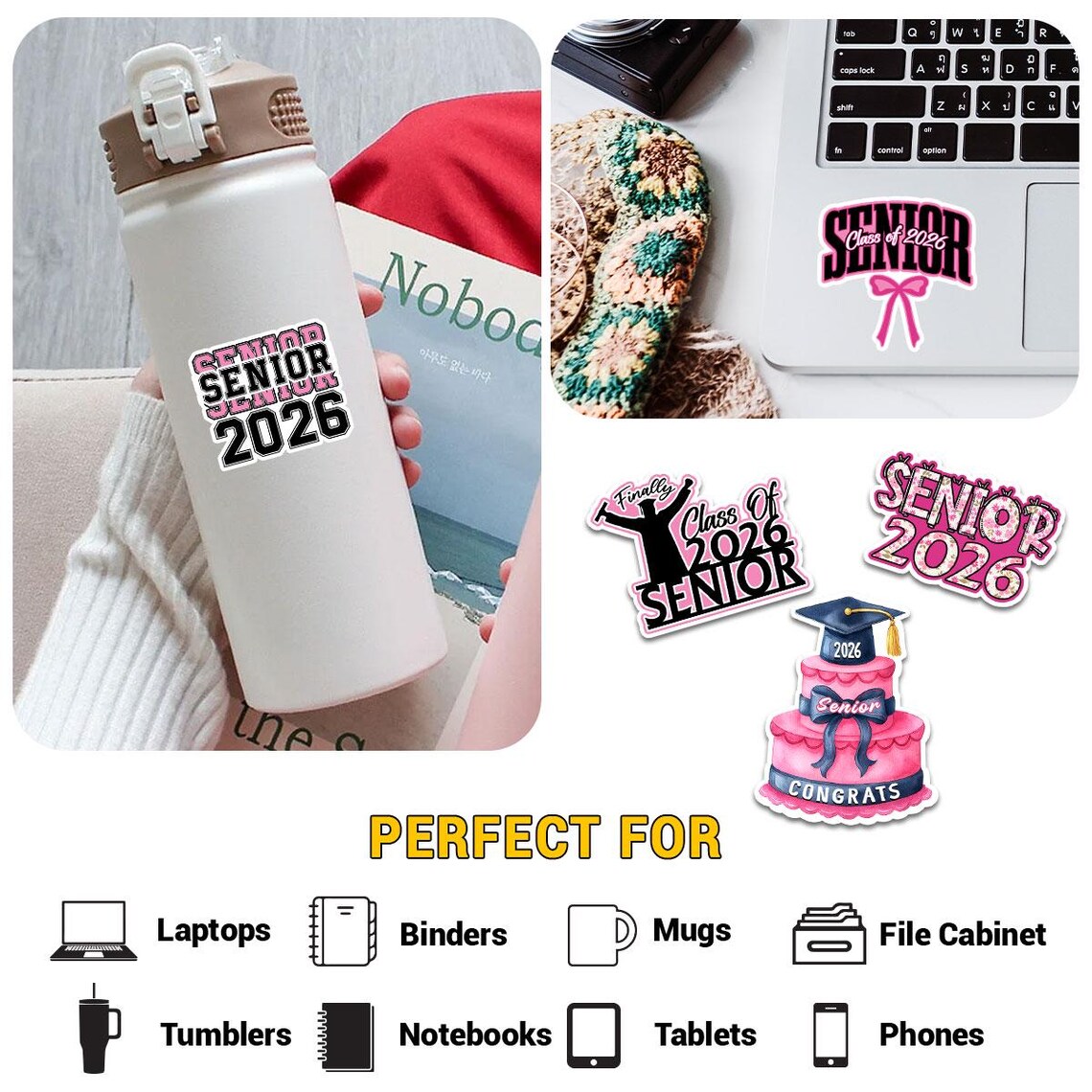 COMBO 10 PCS Class of 2026 Senior Stickers | Pink Theme Vinyl Senior ...